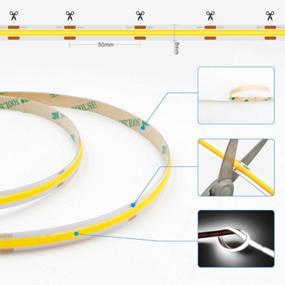 COB LED Strip Lights Cool white 6500k 5m flexible, cuttable and dimmable
