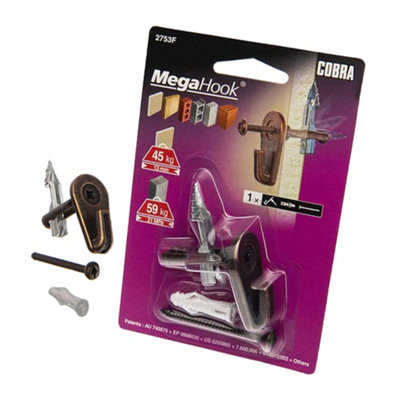 Cobra MegaHook Heavy Duty Self-Drilling Plasterboard Wall Hook Antique ...