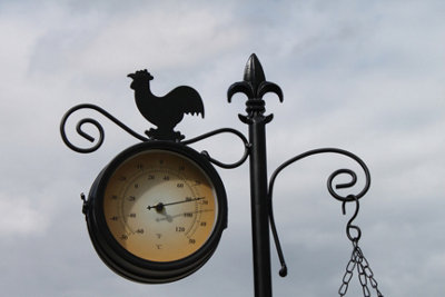 Cockeral Design Garden Clock and Thermometer With Hanging Basket and ...