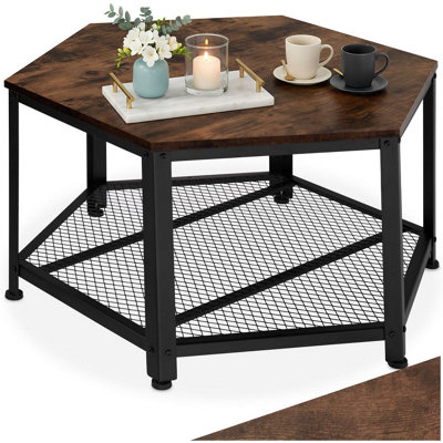 Coffee Table Norwich - hexagonal with grid shelf - Industrial wood dark ...