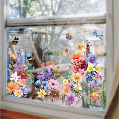 Colorful Flower Window Stickers with Dragonflies & Butterflies - Spring ...