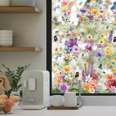 Colorful Flower Window Stickers with Dragonflies & Butterflies - Spring ...