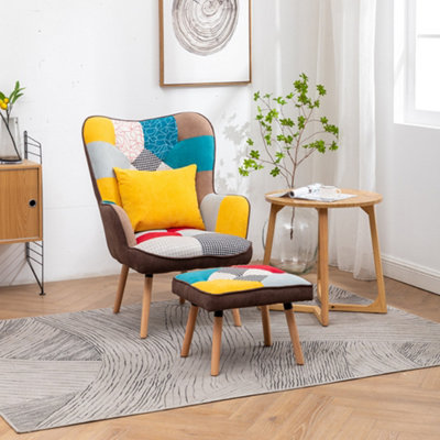 Colorful Wing Back Armchair and Footstool Set,Patchwork Linen ...