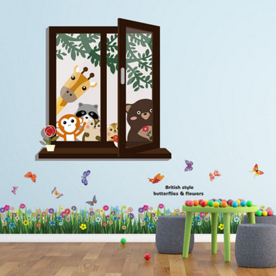 Colourful Window with Animals and Butterfly Grass 3D Butterflies Stock ...