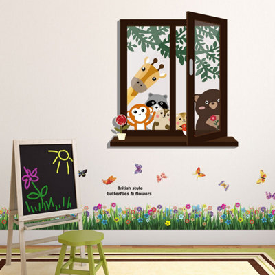 Colourful Window with Animals and Butterfly Grass 3D Butterflies Stock ...
