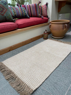 Colva Thin Rug Cotton and Jute Yarn in Natural Striped Design / 70 cm x ...