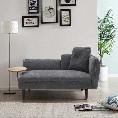 Comfortable Grey Linen Chaise Lounge with Pillow Small Wooden Table and Black Oak Legs