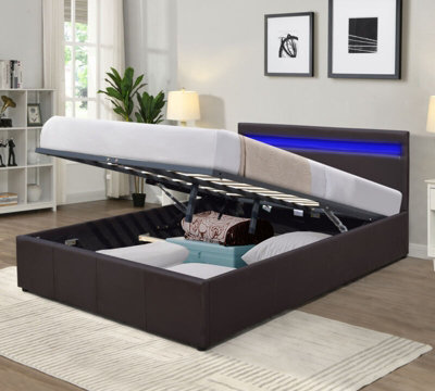 Comfy Living 4ft Brown Faux Leather Gas Lift Ottoman Beframe With LED Strip