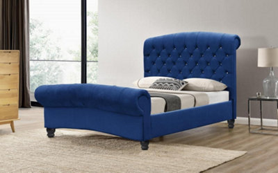 Comfy Living 5ft Plush Velvet Diamante Chesterfield Sleigh Bed in Navy ...