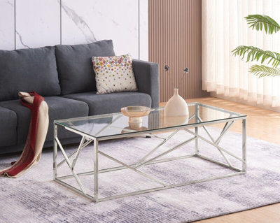 Comfy Living Glass and Silver Metal Rectangular Coffee Table