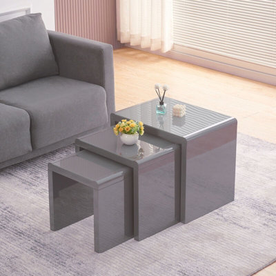 Comfy Living Nest of 3 Tables Grey High Gloss With Glass Tempered Top