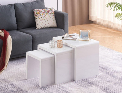 Comfy Living Nest of 3 Tables White High Gloss With Glass Tempered Top