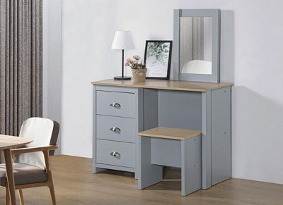 Comfy Living Wooden Dressing Table Set, Mirror, Stool In Grey