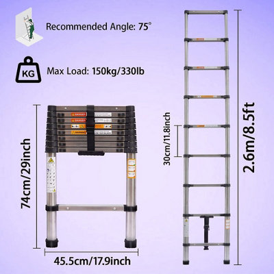 Compact 2.6m Stainless Steel Ladder Telescoping Extension with Secure Grip