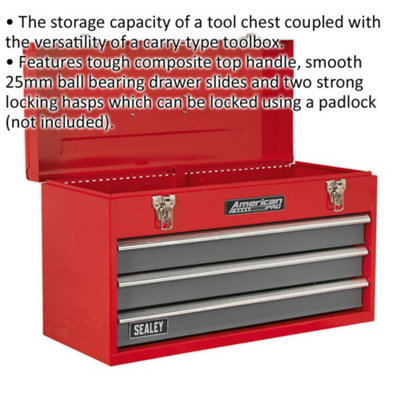 Compact Portable 2 Drawer Tool Chest - 510 x 225 x 300mm - Red Storage ...