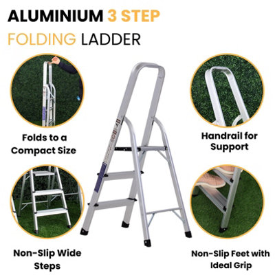 Compact Small Step Ladder 3 step - 105cm High, Lightweight & Foldable ...
