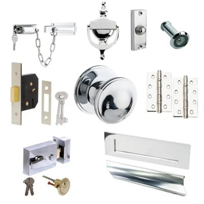 Complete Front Door Hardware & Security Pack - Chrome Components - Knob ...