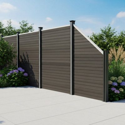 Composite Fence Panels Kit x 5, Angled Piece & Posts x 6 Set - Grey