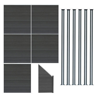 Composite Fence Panels Kit x 5, Angled Piece & Posts x 6 Set - Grey