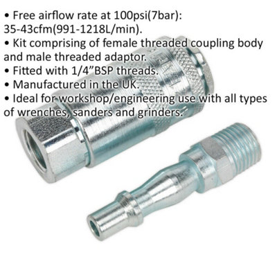 Comprehensive 2 Piece Air Tool Coupling Kit with 1/4 Inch BSP Thread