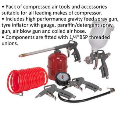 Comprehensive 5 Piece Compressed Air Tool Accessory Kit with 1/4" BSP ...