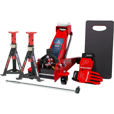 Comprehensive Hydraulic Trolley Jack Kit with Breaker Bar Stands Gloves and Kneeling Mat