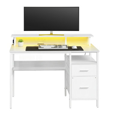 Computer Desk with Fabric Drawers, Study Desk with Monitor Stand, LED ...