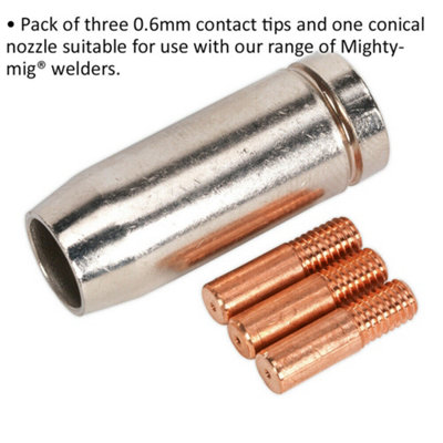 Contact Tip & Nozzle Bundle for MB15 Torches - 0.6mm Tips & Conical Nozzle