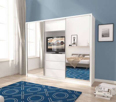Contemporary 2 Mirrored Sliding Door Wardrobe TV Area 6 Shelves 1 Rail 3 Drawers 1 Cabinet