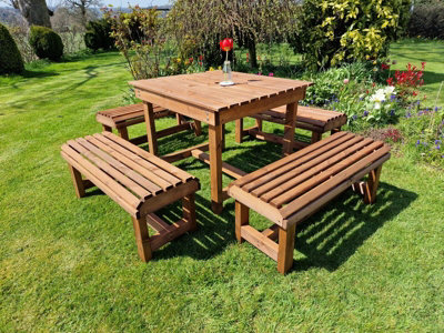 Contemporary 8 Seater Garden Table and Bench Set - Timber - L150 x W150 ...