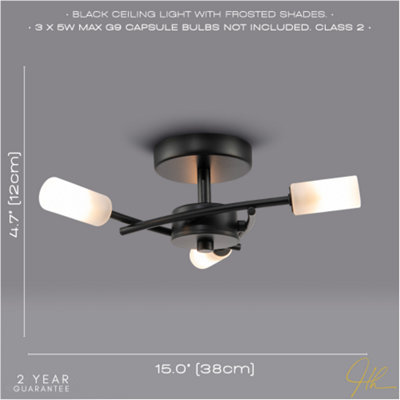 Contemporary Designer 3-Arm Matte Black Ceiling Light with Tubular Shades
