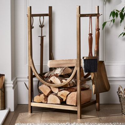Contemporary Fireplace Freestanding Gold Log Basket And Companion Set ...