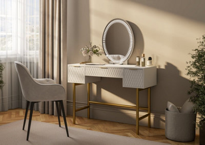 Contemporary Hotel 3 Drawer Dressing Table with Mirror in White and Gold