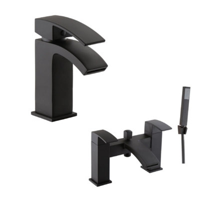 Contemporary Square Mono Basin Mixer Tap and Bath Shower Mixer Set - Black