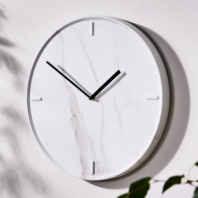 Contemporary Wall Clock Marble Effect Modern Minimalist White Analog ...