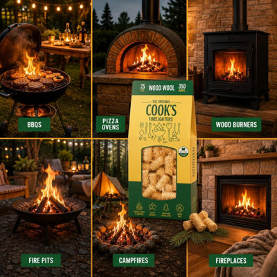 Cooks Natural Firelighters 25pcs Wood Wool Fire Starters for BBQ Wood ...