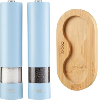 Cooks Professional Electric Salt and Pepper Mill Set with Bamboo Stand ...