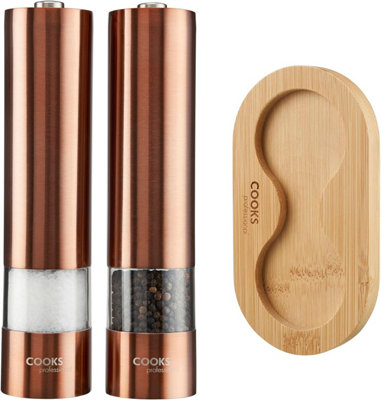 Cooks Professional Electric Salt and Pepper Mill Set with Bamboo Stand ...