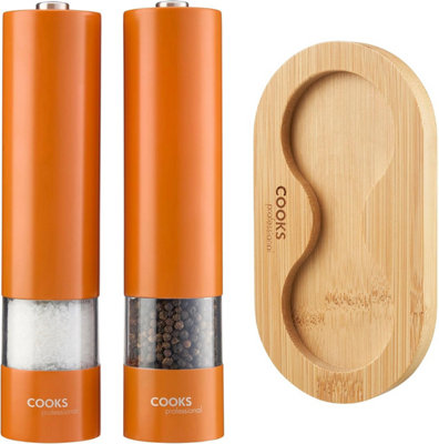 Cooks Professional Electric Salt and Pepper Mill Set with Bamboo Stand ...
