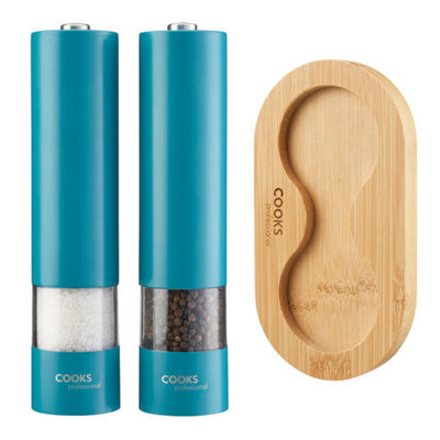 COOKS PROFESSIONAL ELECTRIC SALT AND PEPPER MILL SET WITH BAMBOO STAND ...