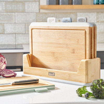 Cooks Professional Set of 4 Index Bamboo Chopping Boards with Stand ...