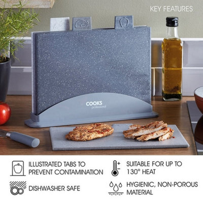 COOKS PROFESSIONAL SET OF 4 INDEX CHOPPING BOARDS WITH STAND & TABS ...