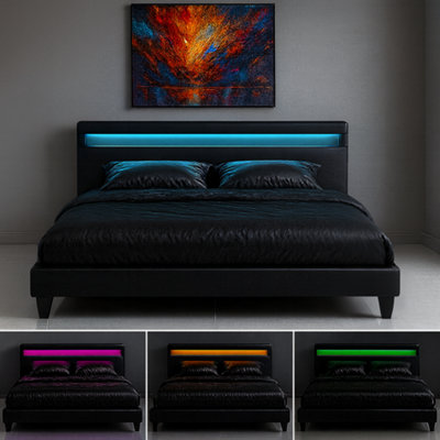 COOL LED Faux Leather LED Upholstered Bed Frame Black Double