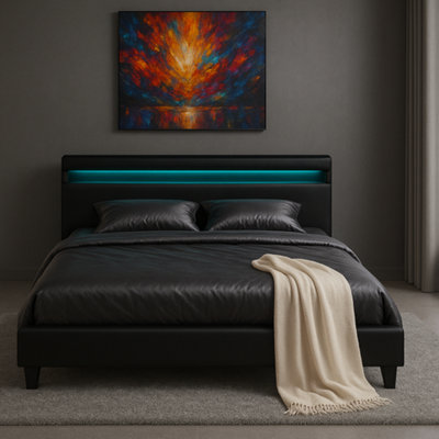 COOL LED Faux Leather LED Upholstered Bed Frame Black Double