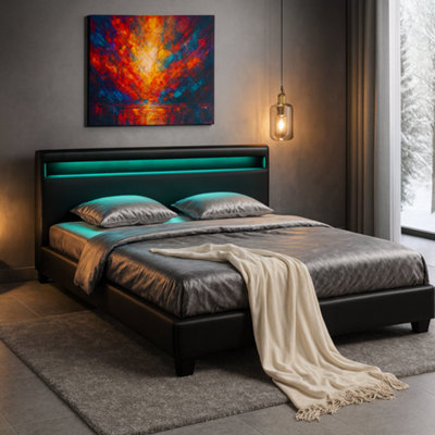 COOL LED Faux Leather LED Upholstered Bed Frame Black Double