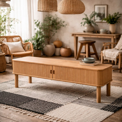 Copenhagen Natural Oak Etched TV Unit with 2 Tambour Doors, 1400mm