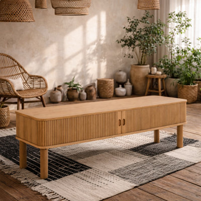 Copenhagen Natural Oak Etched TV Unit with 2 Tambour Doors, 1400mm