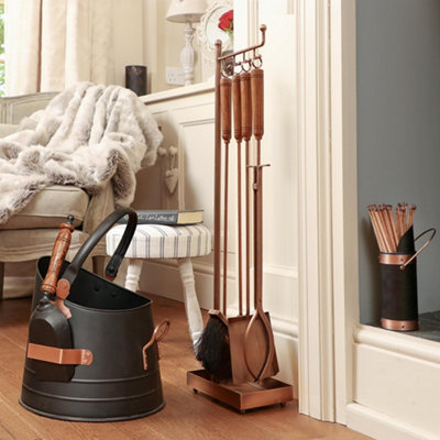 Copper Fireplace 5pcs Tools Companion Set with Coal Bucket and Match ...