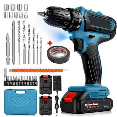 Cordless Electric Drill Driver Kit Dual Battery Power Tool Set UK