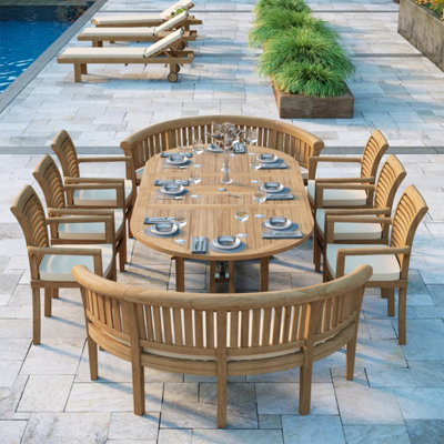 Corfu Teak Garden Dining Table & 10 Seat Chair Set - With Green Cushions